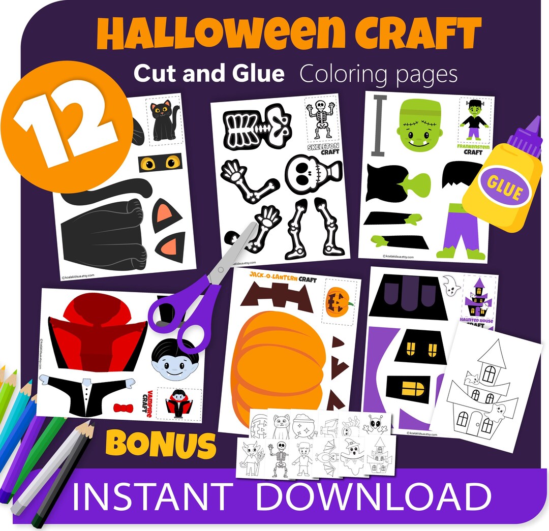 Halloween Cut and Paste Crafts + Coloring Pages (digital Download) - Etsy