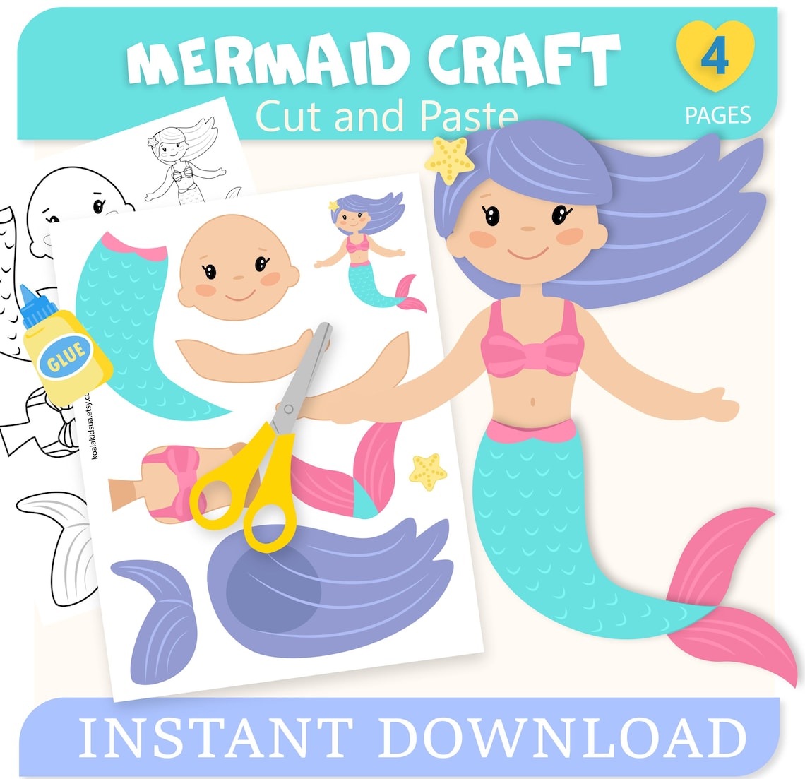 Mermaid Craft Activity: Printable Paper Doll Coloring Page (PDF ...