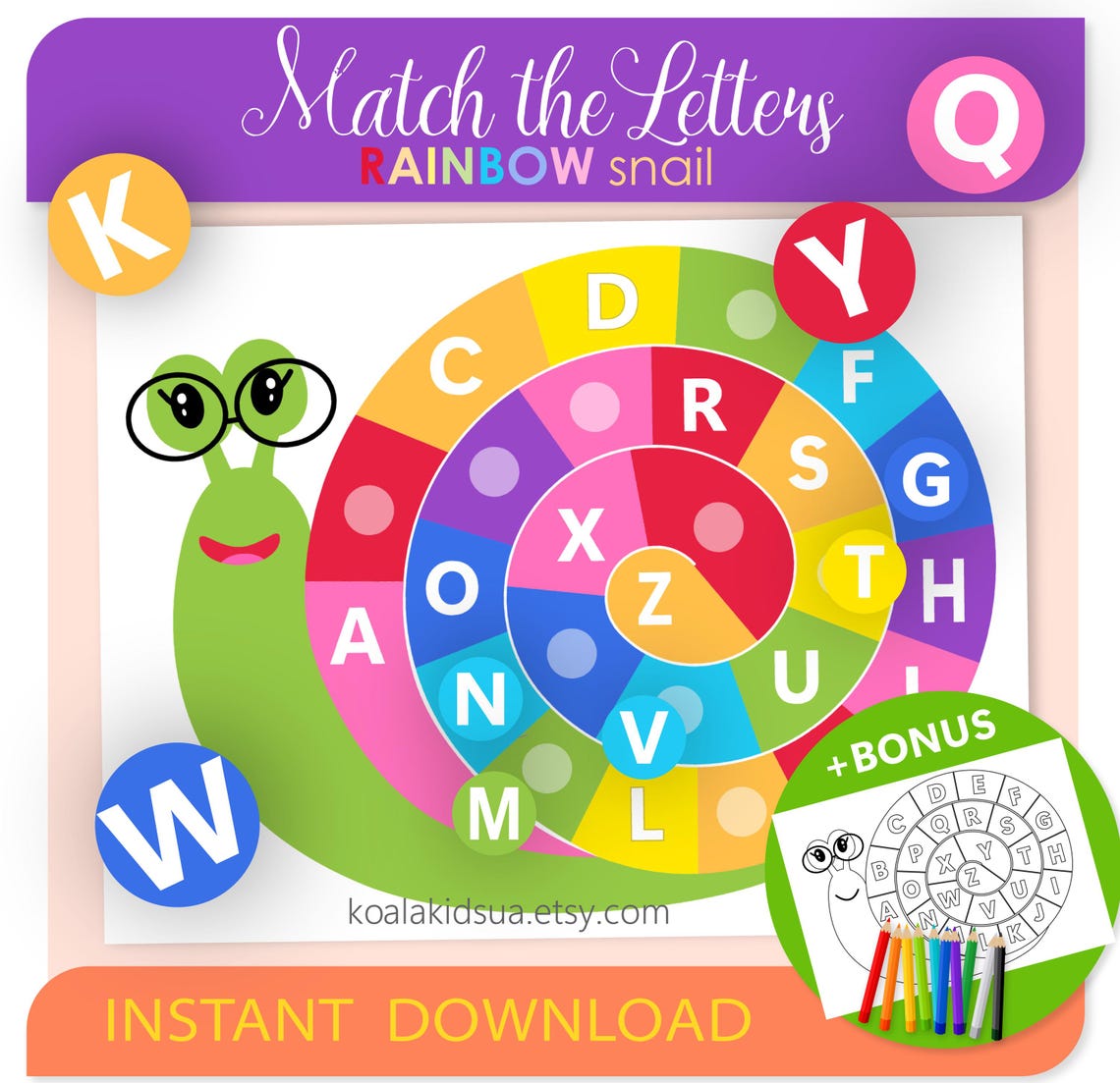 Alphabet Matching Rainbow Summer Snail Velcro Busy Book Printable ...