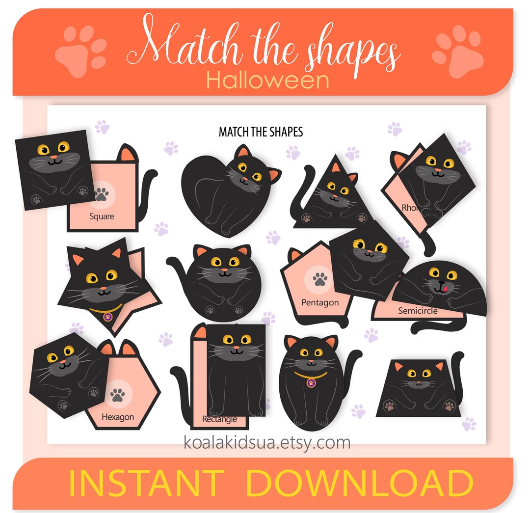 Black Cat Shapes Matching Game: Halloween Activity, Preschool Printable ...