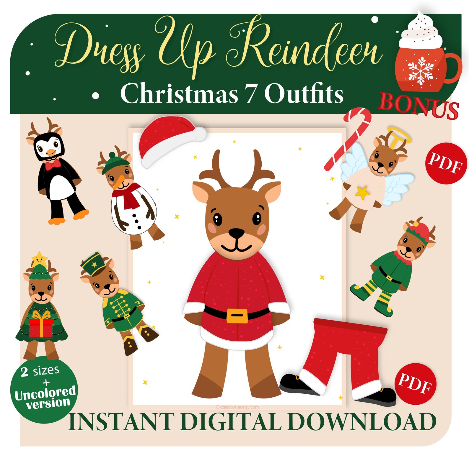 Christmas Reindeer Dress up Craft | 7 Outfits, Coloring Pages (PDF) - Etsy