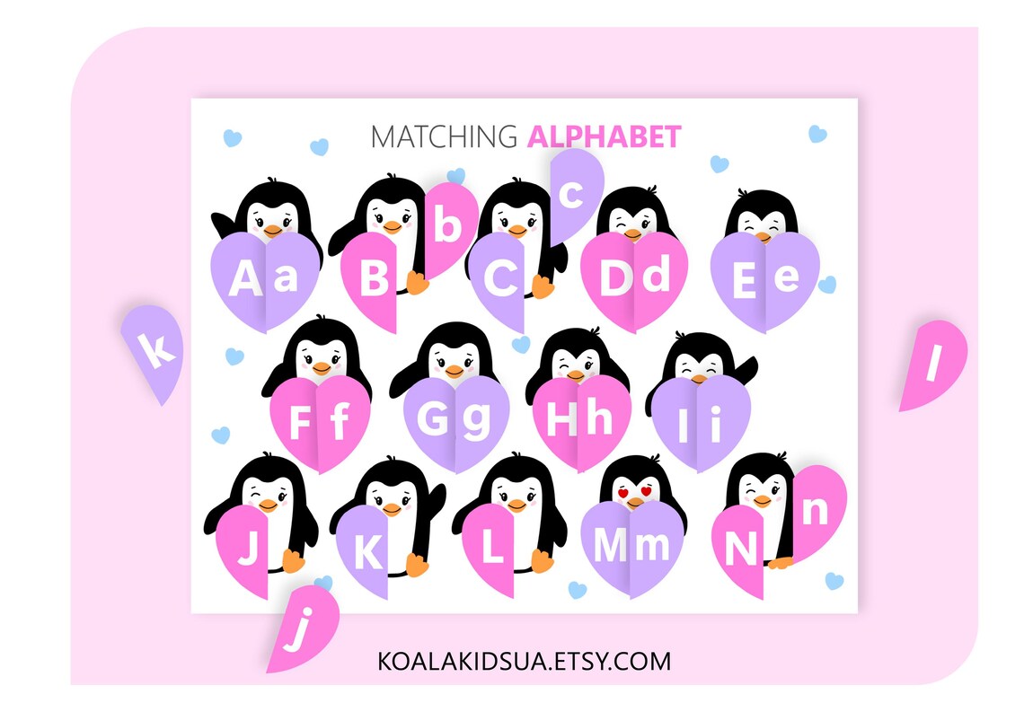Valentine Penguins Alphabet | Matching Activity | Hearts Preschool Game ...