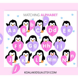 Valentine Penguins Alphabet | Matching Activity | Hearts Preschool Game ...