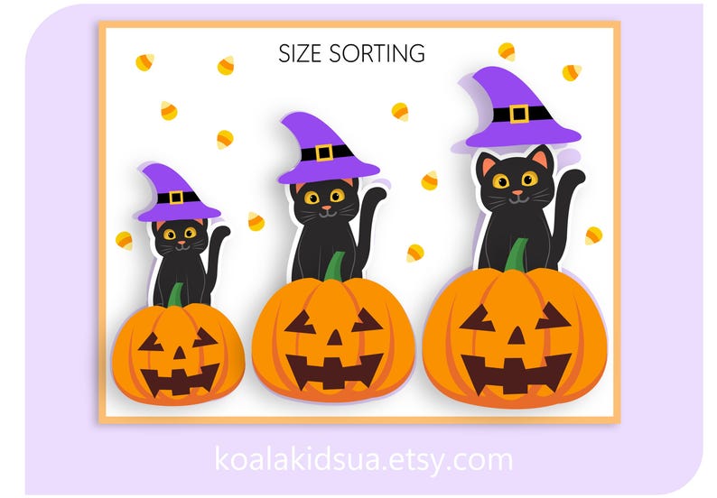 Halloween Size Sorting Game: Black Cat, Pumpkin, Witch Hat (PDF ...