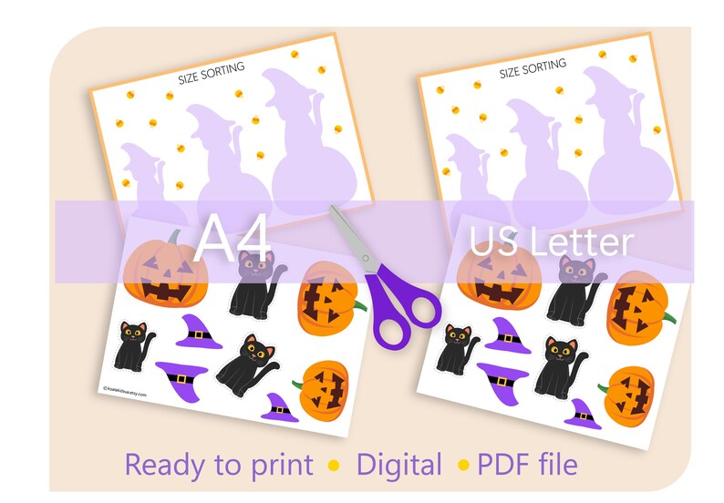 Halloween Size Sorting Game: Black Cat, Pumpkin, Witch Hat (PDF ...