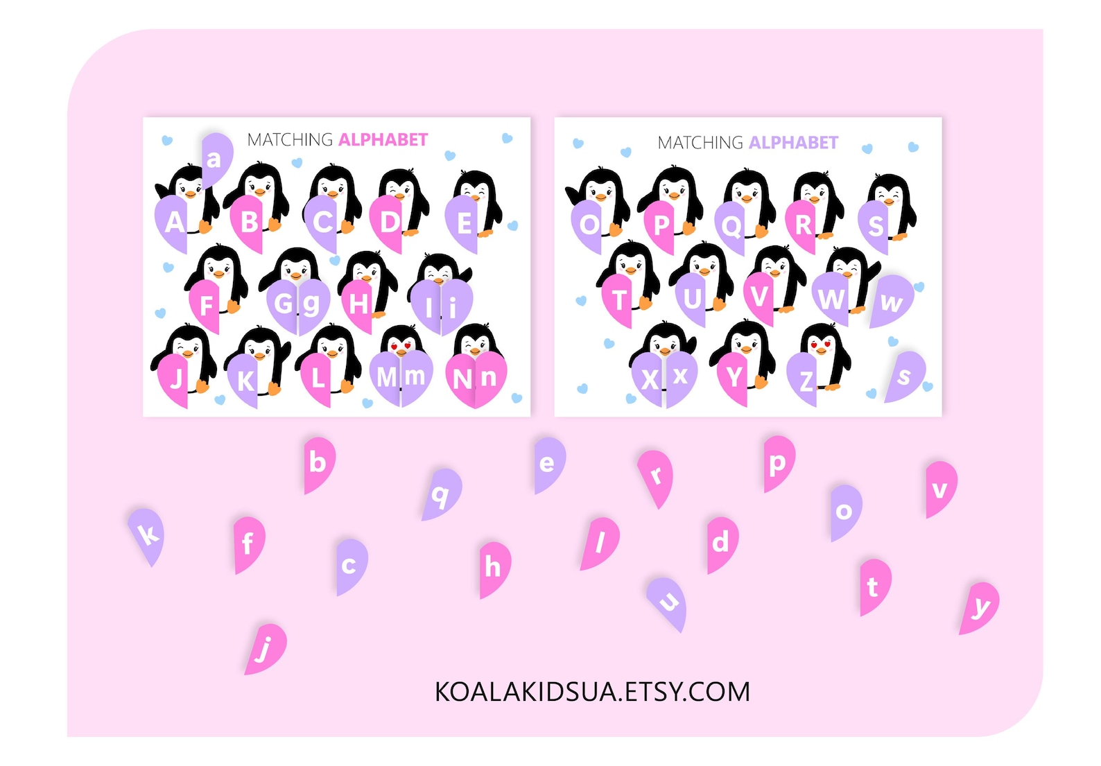 Valentine Penguins Alphabet | Matching Activity | Hearts Preschool Game ...