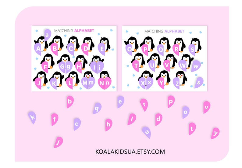 Valentine Penguins Alphabet | Matching Activity | Hearts Preschool Game ...