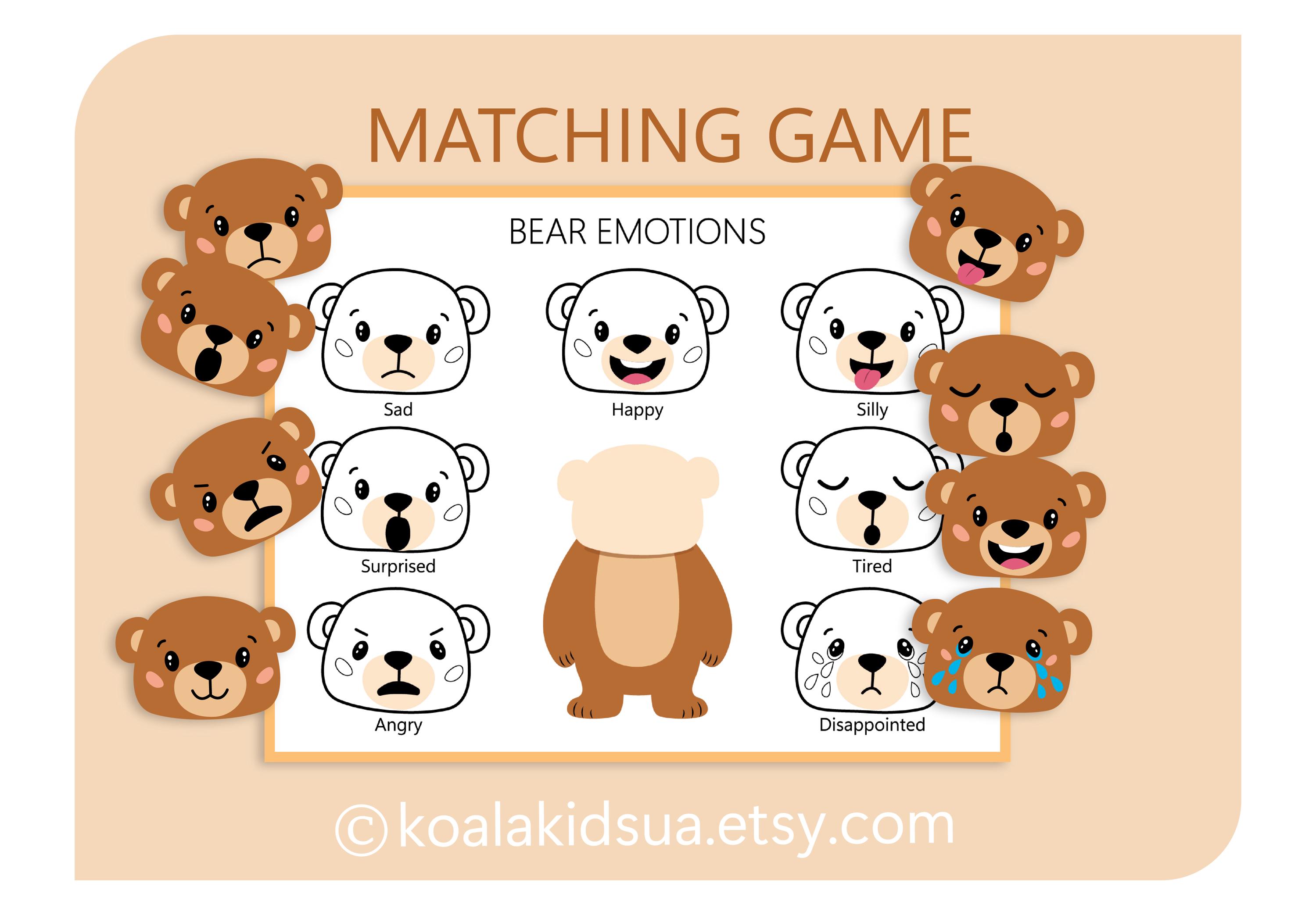 Bear Emotions Matching Game: Preschool Printable Activity (PDF Download ...