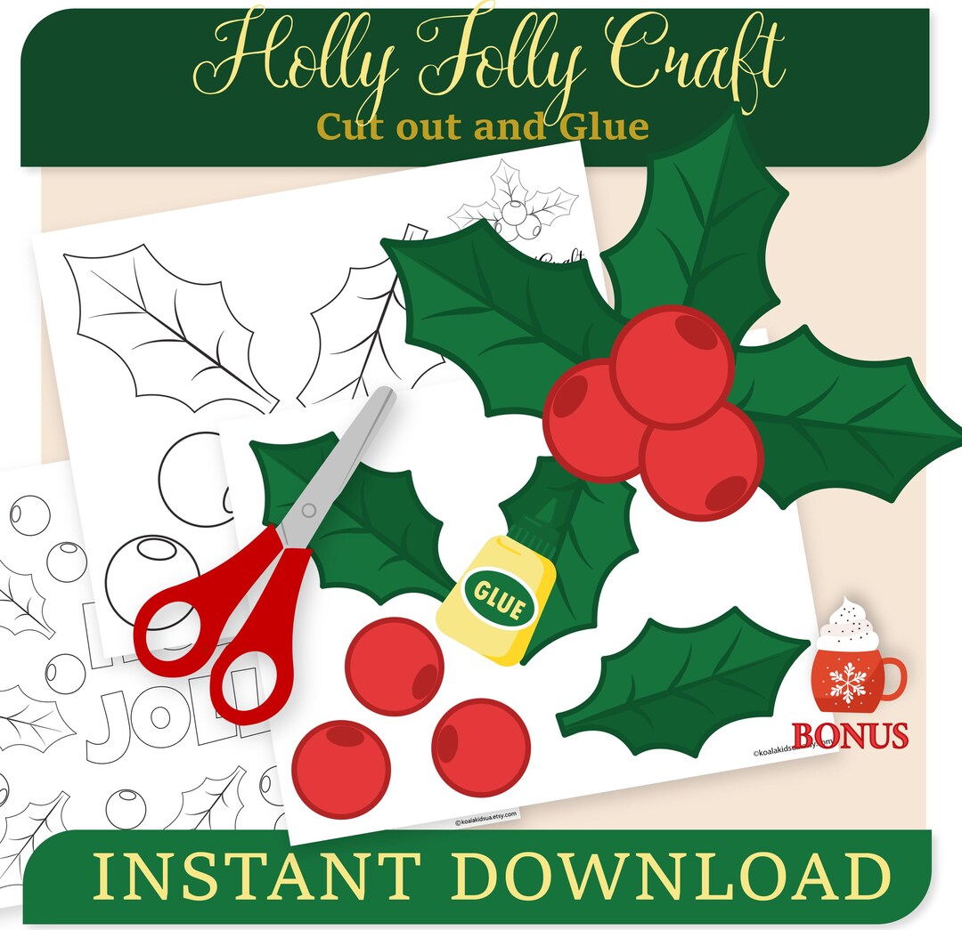 Holly Leaves and Berries Cut & Paste Craft, Christmas Activity (digital ...