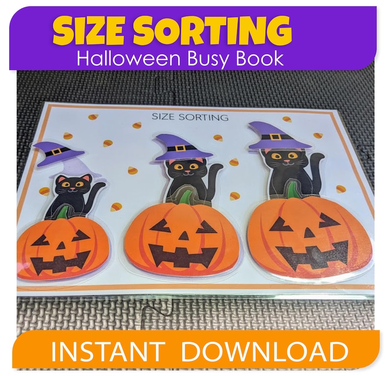 Halloween Size Sorting Game: Black Cat, Pumpkin, Witch Hat (PDF ...
