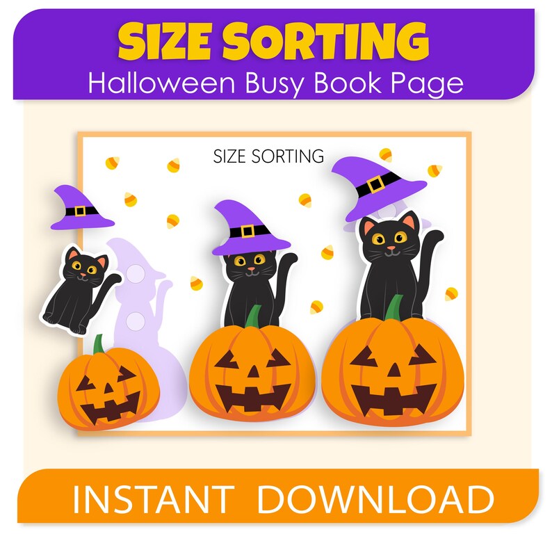 Halloween Size Sorting Game: Black Cat, Pumpkin, Witch Hat (PDF ...