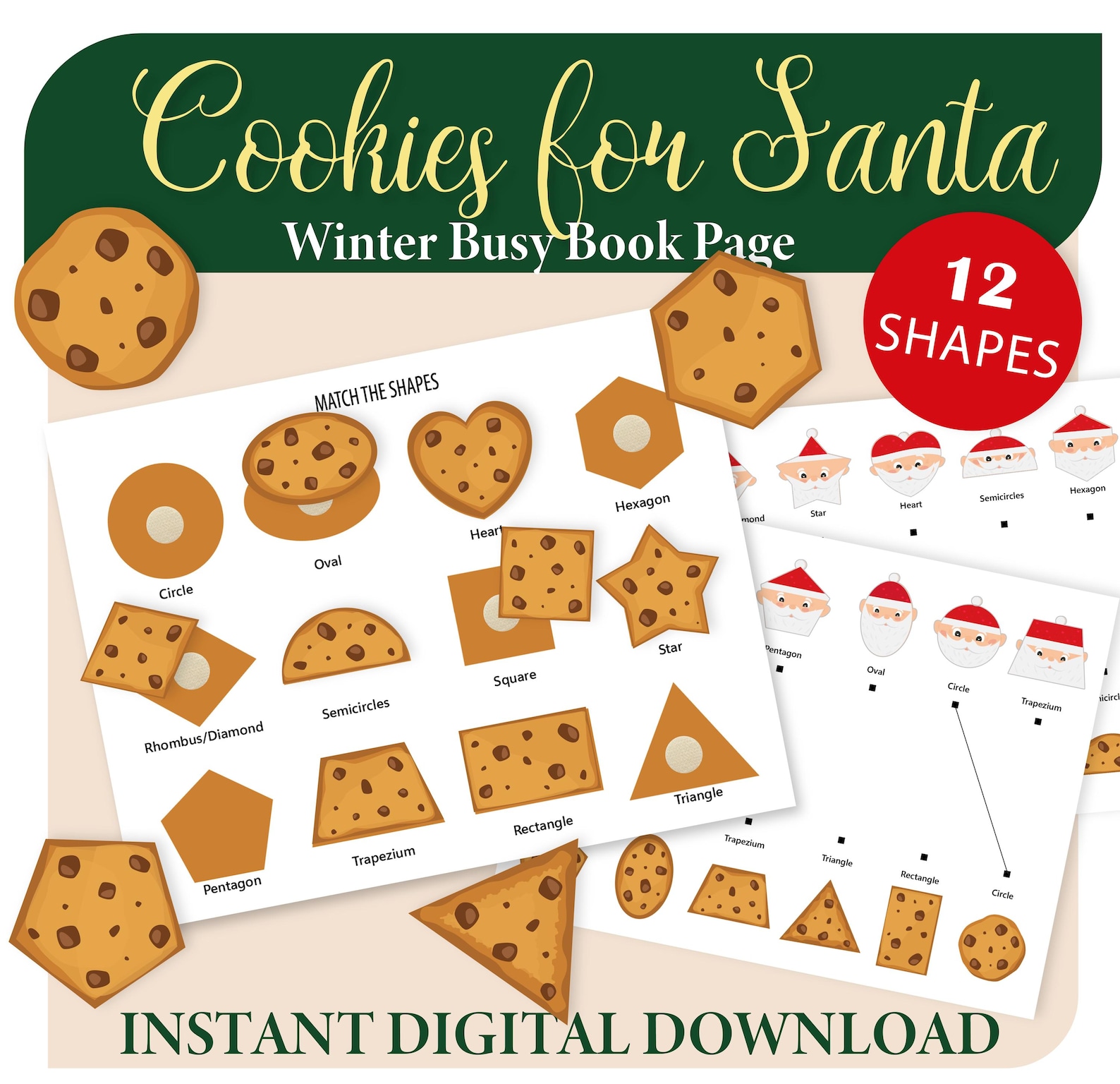 Cookies for Santa Shapes Matching Game | Printable Preschool Worksheets ...