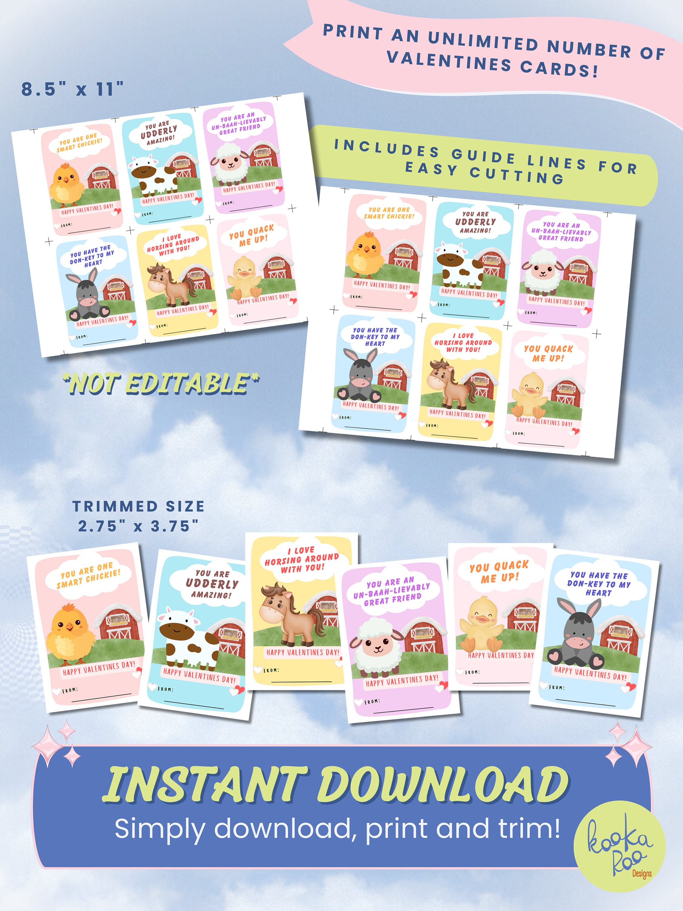 DIGITAL DOWNLOAD Easy Print Printable Farm Valentine Farm Animals Kids ...