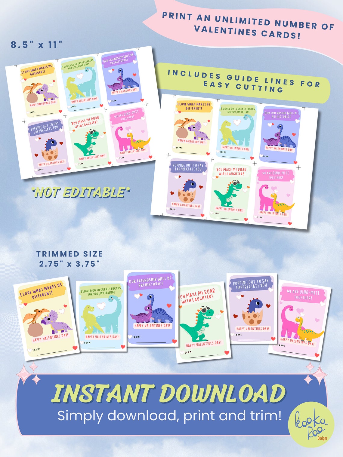 DIGITAL DOWNLOAD | Easy Print | Printable | Dino Valentine | Dinosaur ...