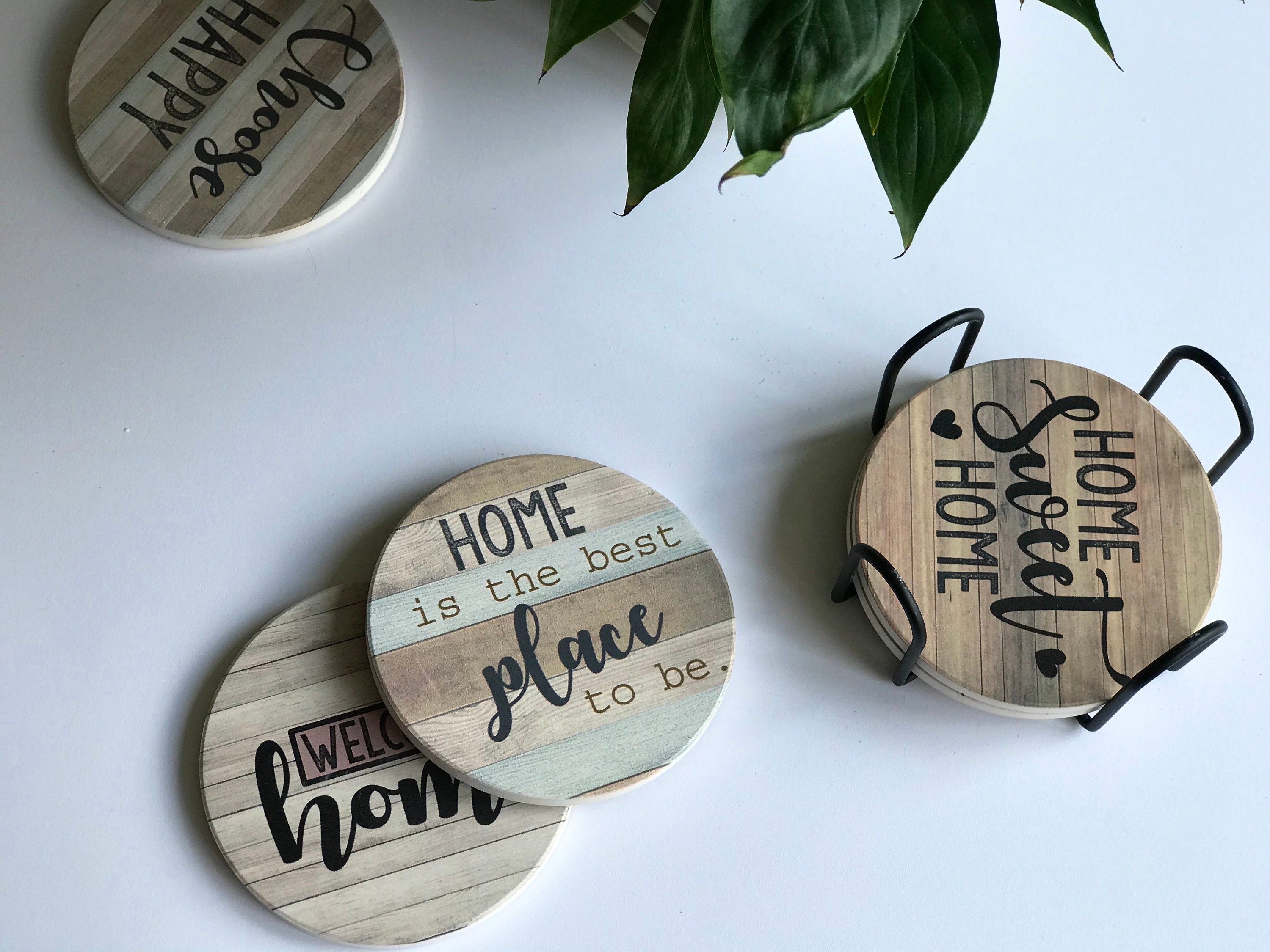 Rustic Farmhouse Stone & Ceramic Coasters for Drinks With Cork Back ...