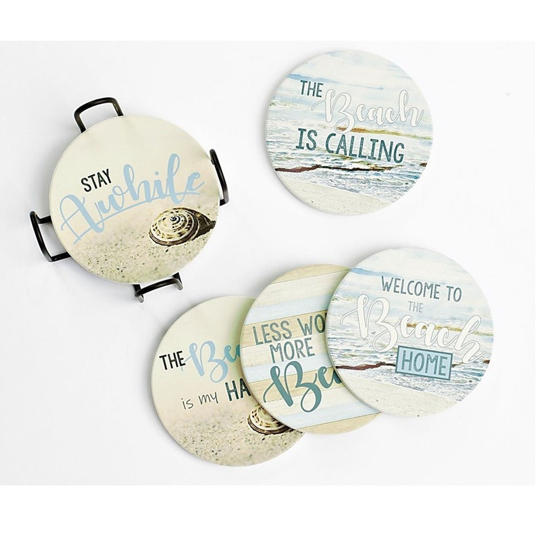 Beach Coastal & Ocean Sea Coasters for Drinks, Set of 6 Ceramic Stone ...