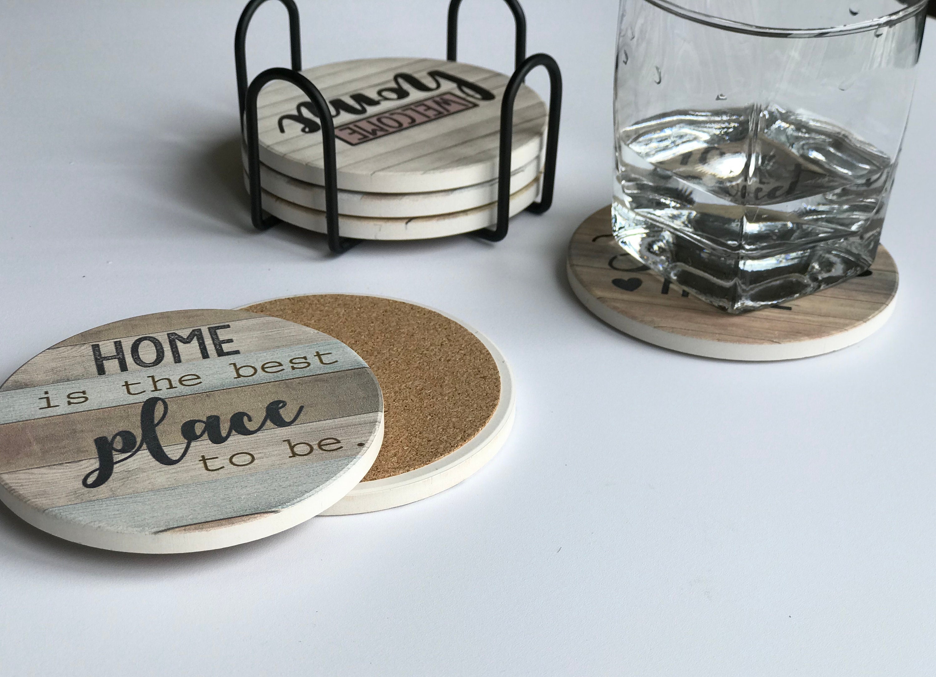 Rustic Farmhouse Stone & Ceramic Coasters for Drinks With Cork Back ...