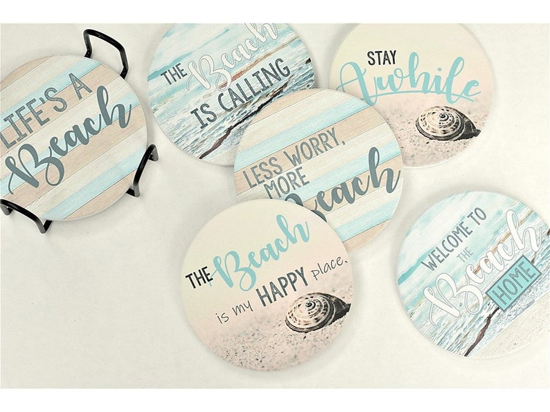 Beach Coastal & Ocean Sea Coasters for Drinks, Set of 6 Ceramic Stone ...