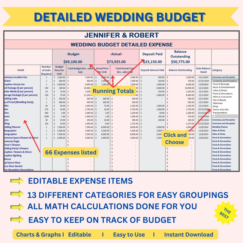 Expense Tracker: Excel Wedding Budget Spreadsheet, Easy-to-use Budget ...