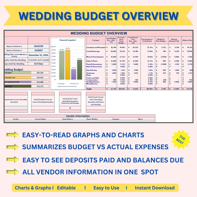Expense Tracker: Excel Wedding Budget Spreadsheet, Easy-to-use Budget ...