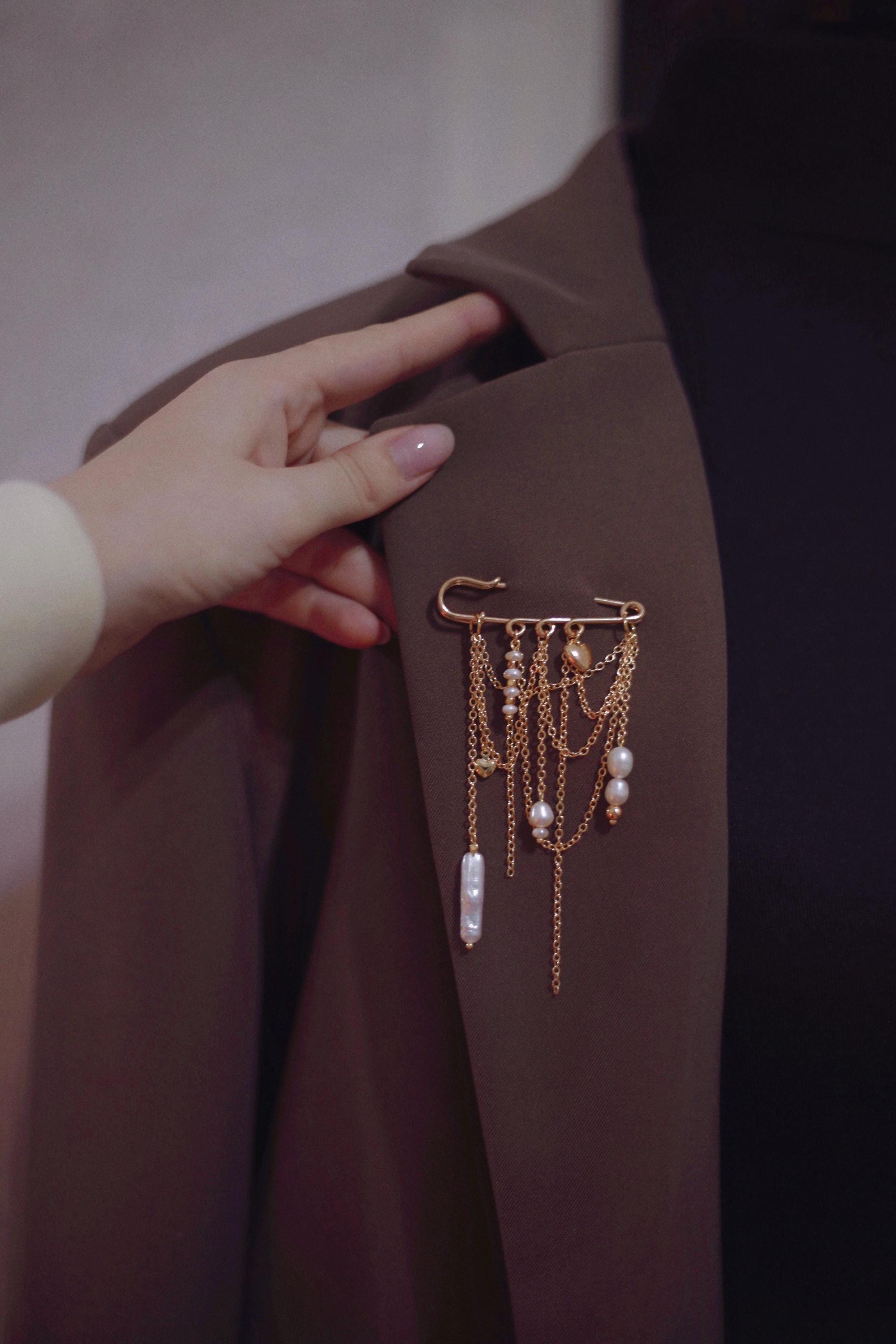 Gold Chain Brooch With Pearls – Layered Statement Safety Pin for ...