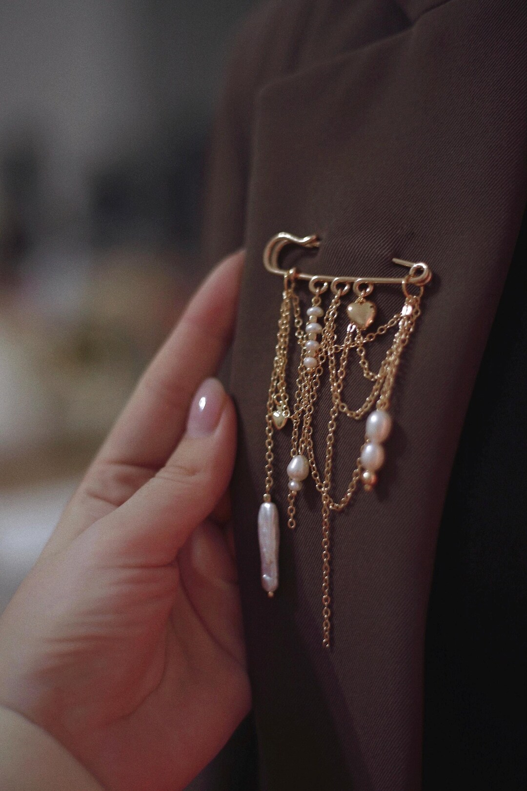 Gold Chain Brooch With Pearls – Layered Statement Safety Pin for ...