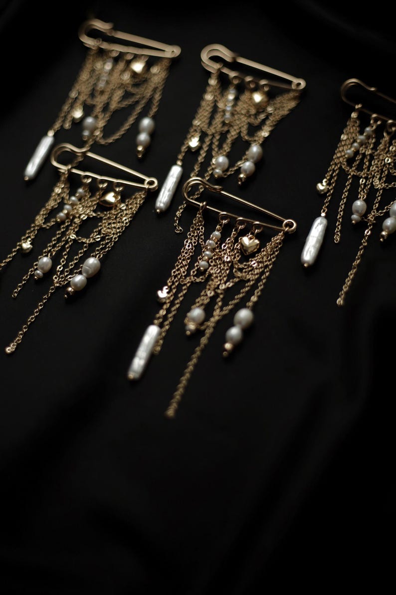 Gold Chain Brooch With Pearls – Layered Statement Safety Pin for ...