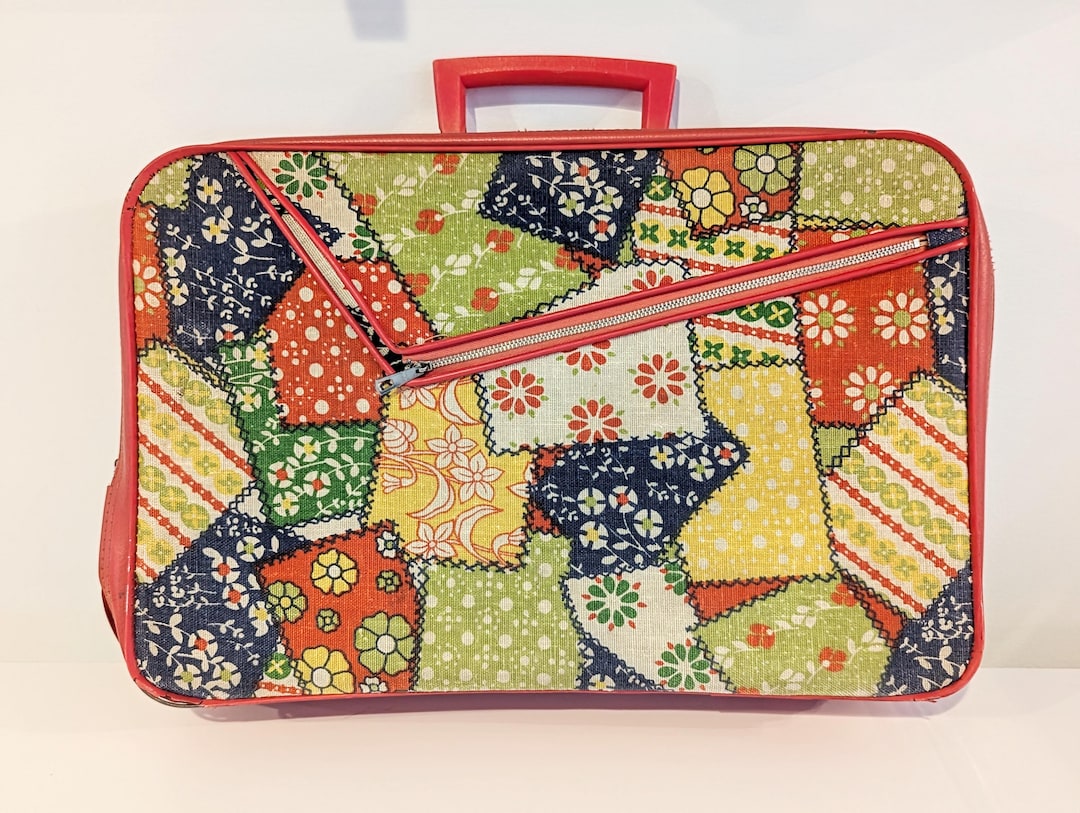 1960s/70s Flower Power Patchwork Small Suitcase/carry On/overnight Bag, Handle, Red and Multi ...