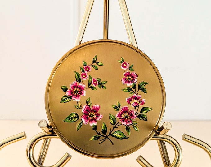 Vintage Compact/brass Powder Compact Mirror With Pink Floral Design ...