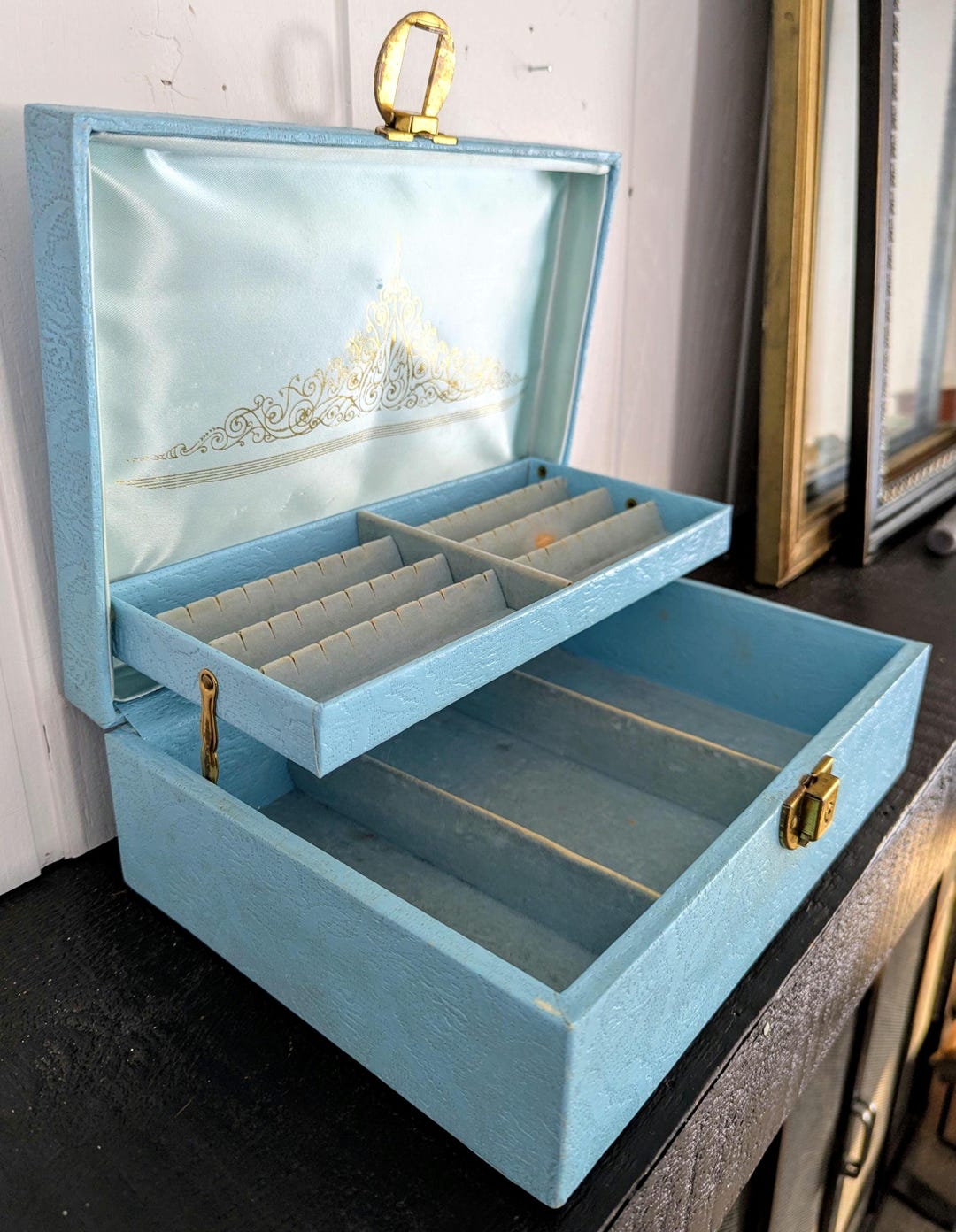 Vintage Lady Buxton 2 Tier Jewelry Box, Blue Floral Faux Leather, Blue ...