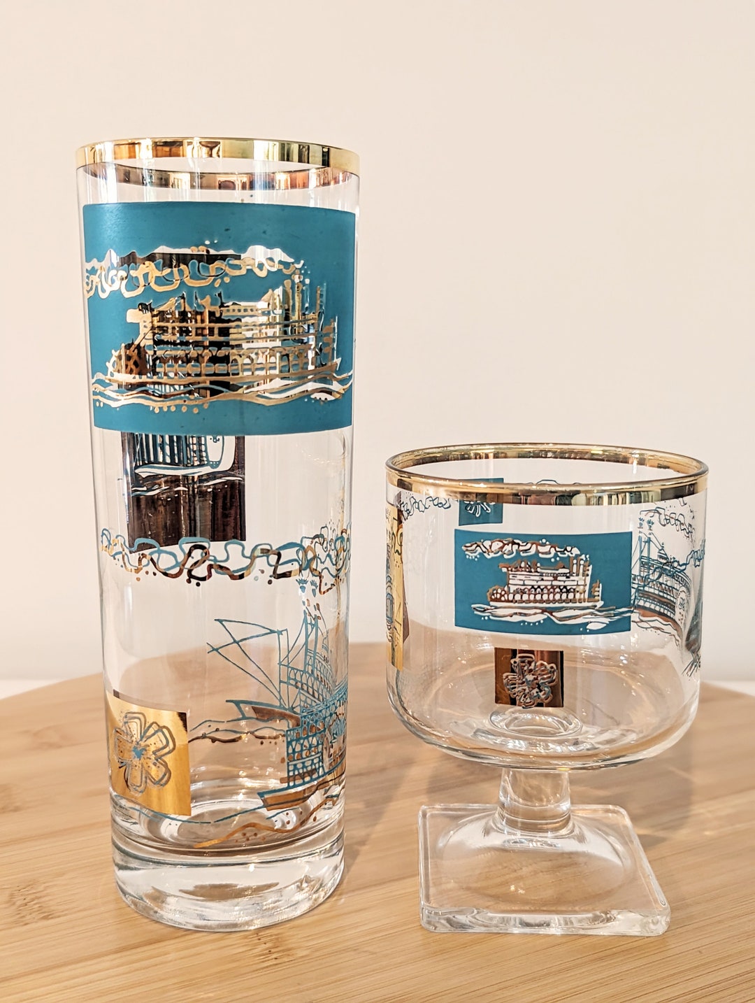 Set of Mid Century Libby Cocktail Glasses, Turquoise and 22 KT Gold ...