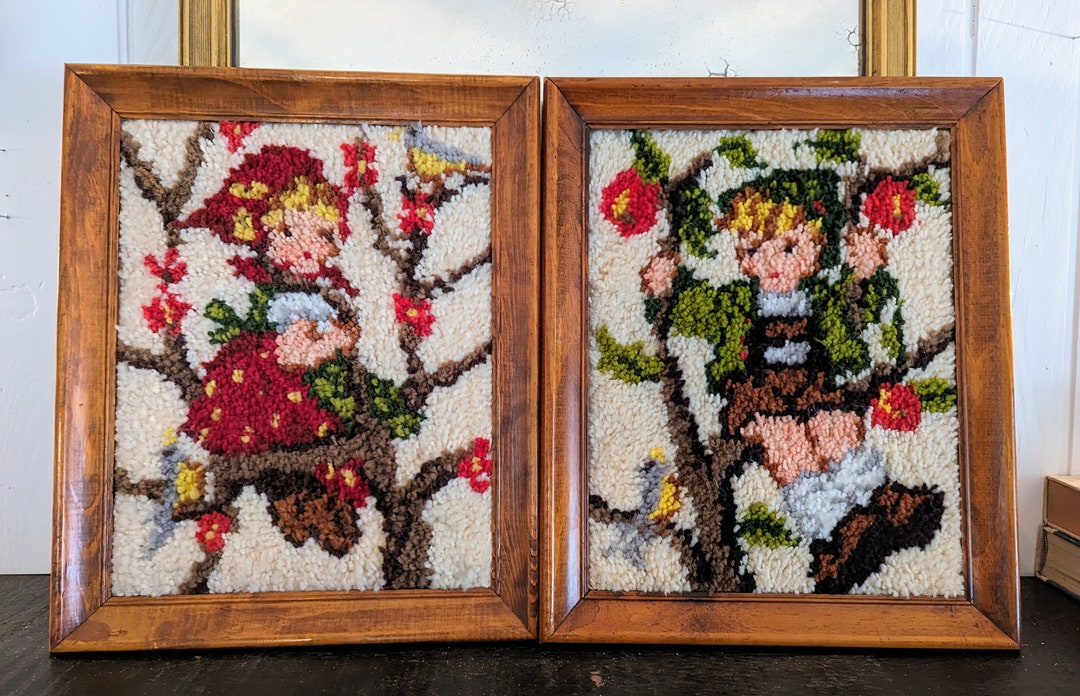 Vintage Latch Hook Wall Art, Pair Hummel Boy and Girl in Apple Tree, 16 ...