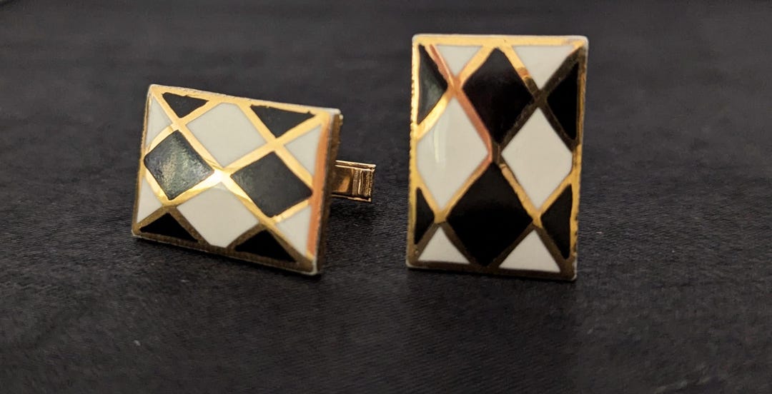 1960s Vintage Victoria Flemming Cufflinks, Black White Gold Diamond ...
