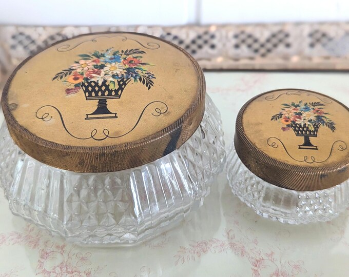 1930s Vanity Powder Jar Set, Art Deco Pressed Glass and Brass Floral ...