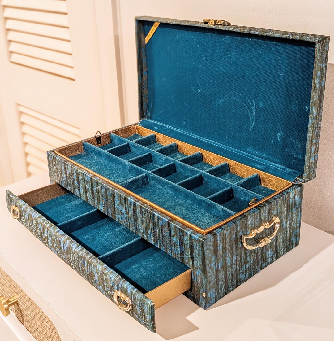 Vintage Large Lady Buxton Jewelry Box, Blue Paisley Faux Leather, Blue ...