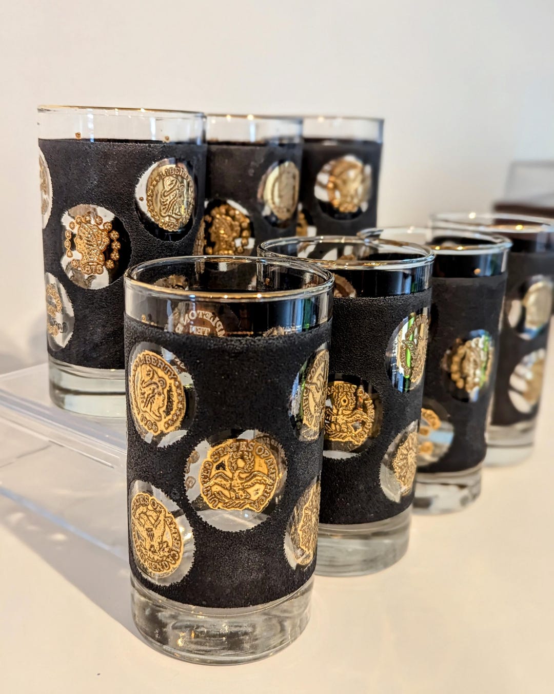 Set of 7 MCM Libby Black and Gold Coin Vintage 10 Oz. Cocktail Glasses ...