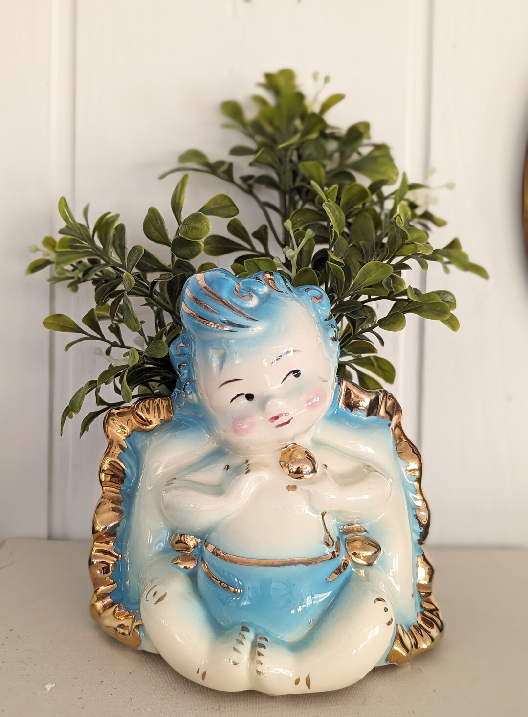 MCM Hull Pottery Baby Boy Planter/vase, Blue, Gold and White, 1950s ...