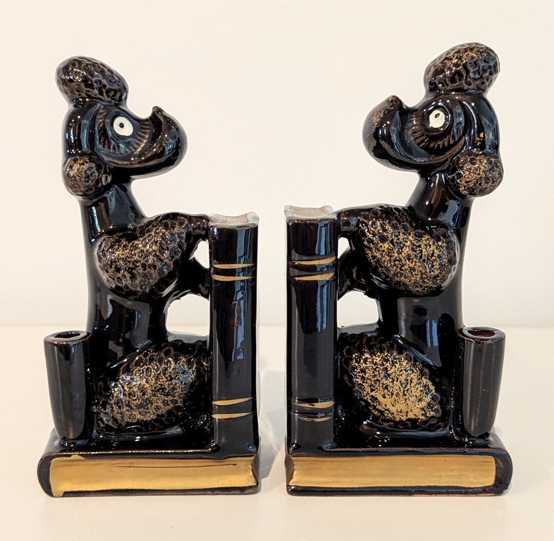 MCM Vintage Black Poodle Bookends With Pen Holder, Pair, Black and Gold ...