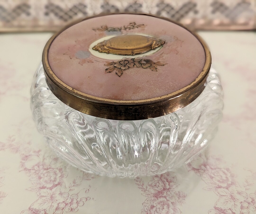 1930s Vintage Powder Jar, Vanity Storage Jar, Pink Floral and Gold Tone ...