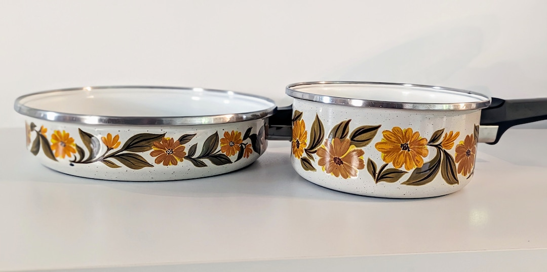 Vintage JMP Capri Cookware Set, Enamel Orange Floral 1970s, Handled ...