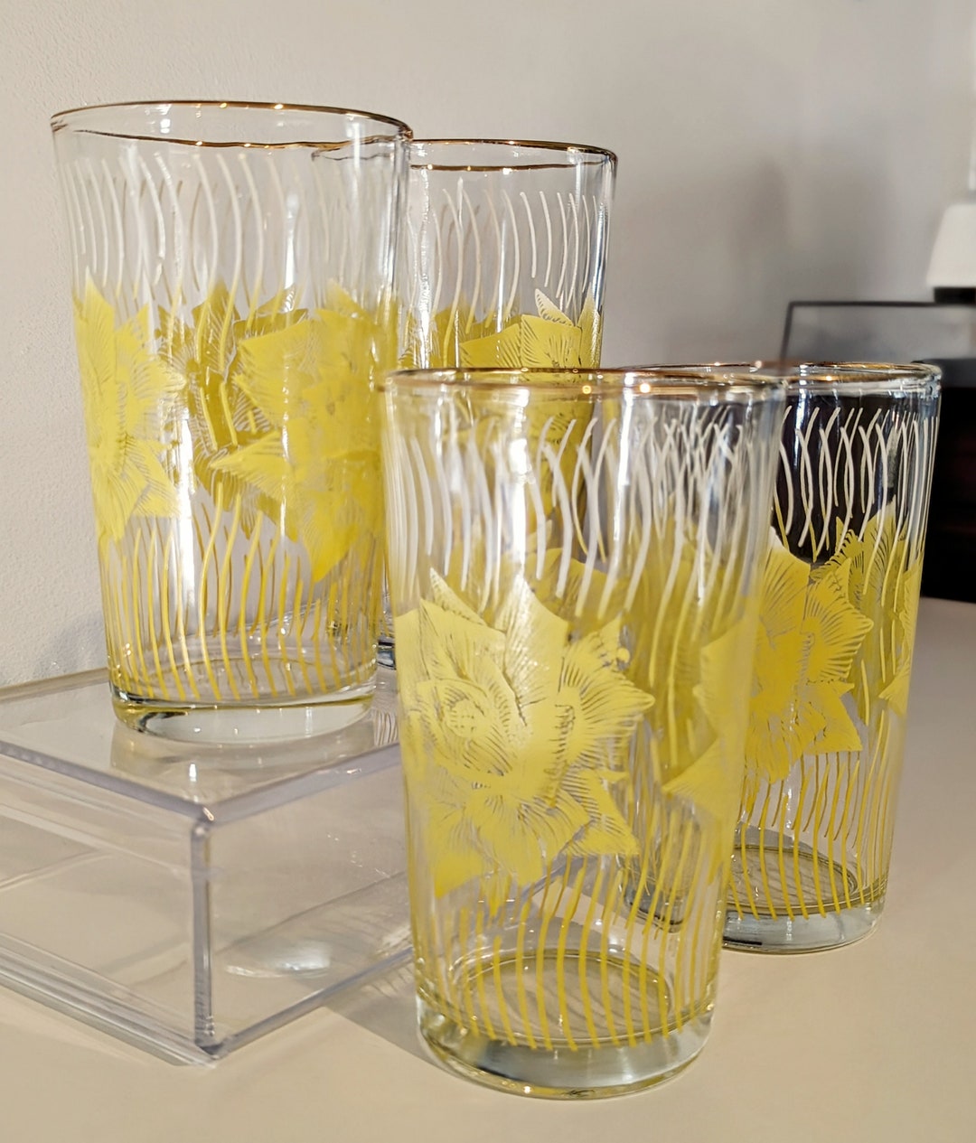 Mid Century Anchor Hocking Yellow Rose Drinking Glasses, Set of 4, Iced ...