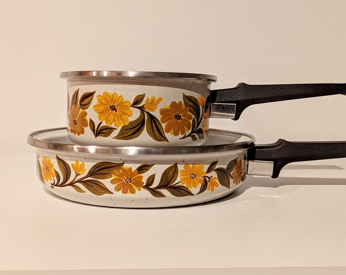 Vintage JMP Capri Cookware Set, Enamel Orange Floral 1970s, Handled ...