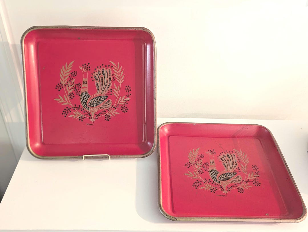 1960s Vintage Set of 2 Large Square Red MCM Serving Trays, Bar Trays ...