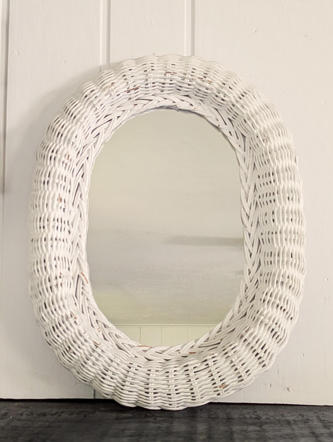 1980s Vintage White Wicker Oval Mirror, 16 X 12 Wood, Rattan/vanity ...