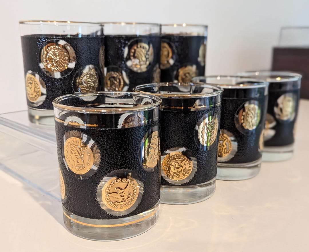 Set of 7 MCM Libby Black and Gold Coin Whiskey Glasses, 8oz Lowball ...