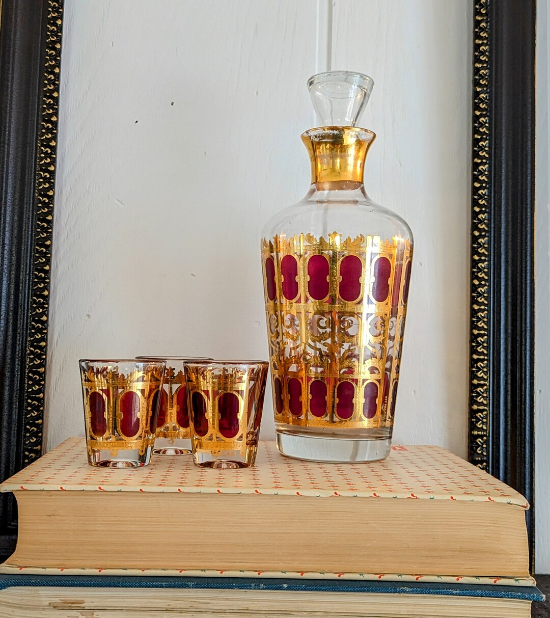 Vintage Culver Cranberry Red and Gold Scroll Liquor Decanter With ...