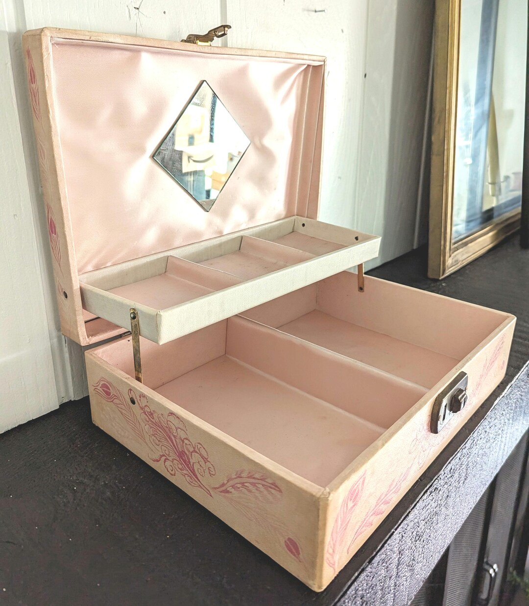 Vintage MCM Jewelry Box, Pink Floral, Light Pink Satin Interior With ...