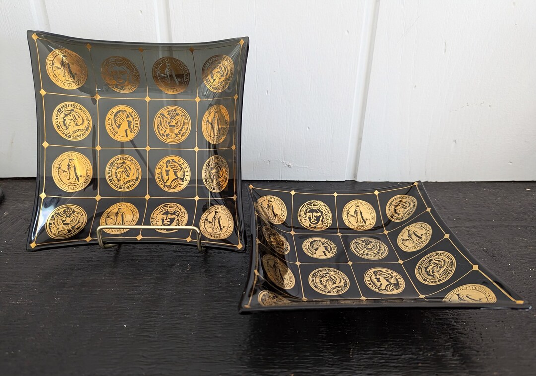 Pair 1960s Vintage Cera Glass Black and Gold Coin Pattern Serveware ...