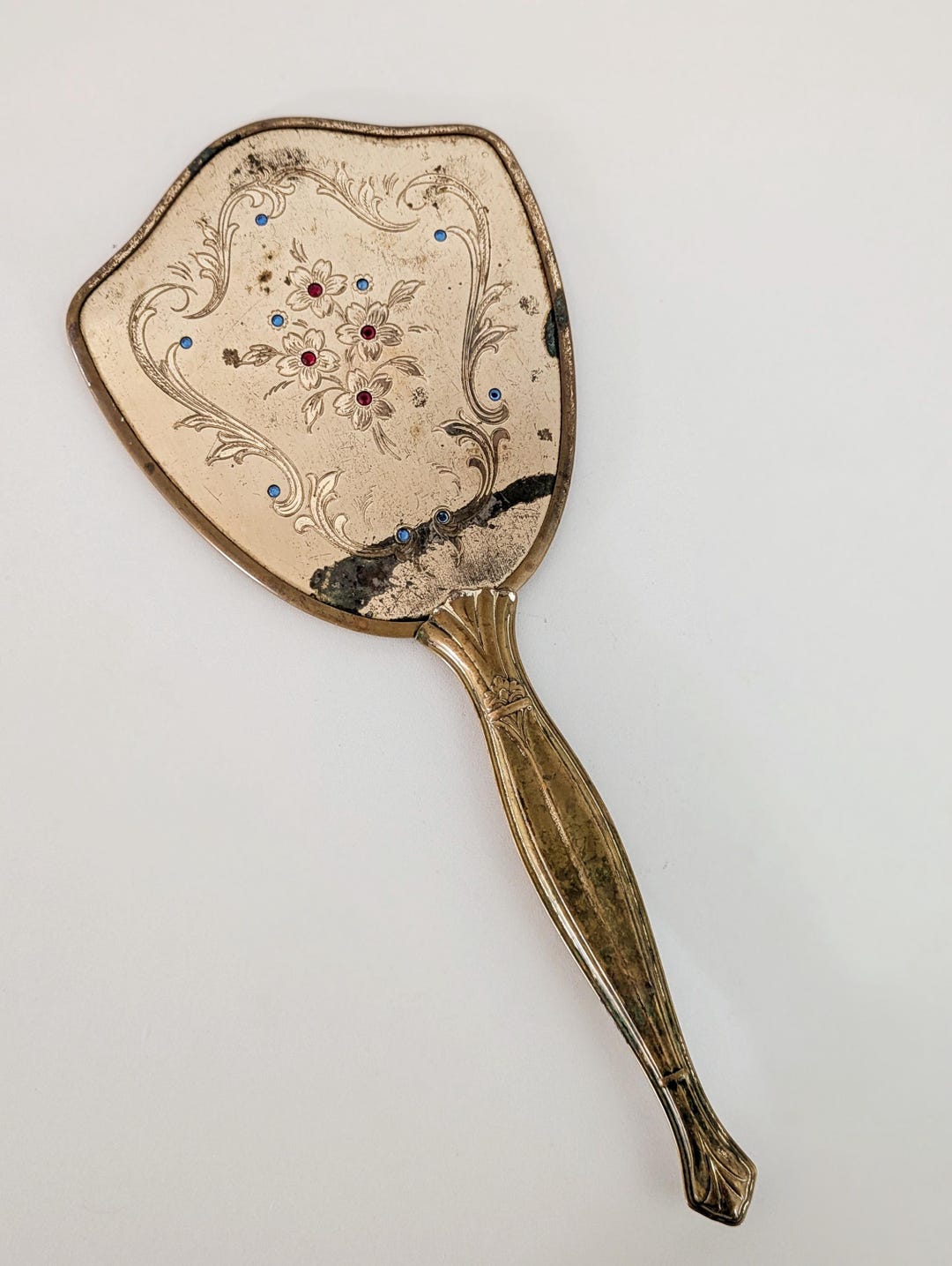 1950s Vintage Gold Art Deco Hand Mirror, Floral Design, Vintage Vanity ...