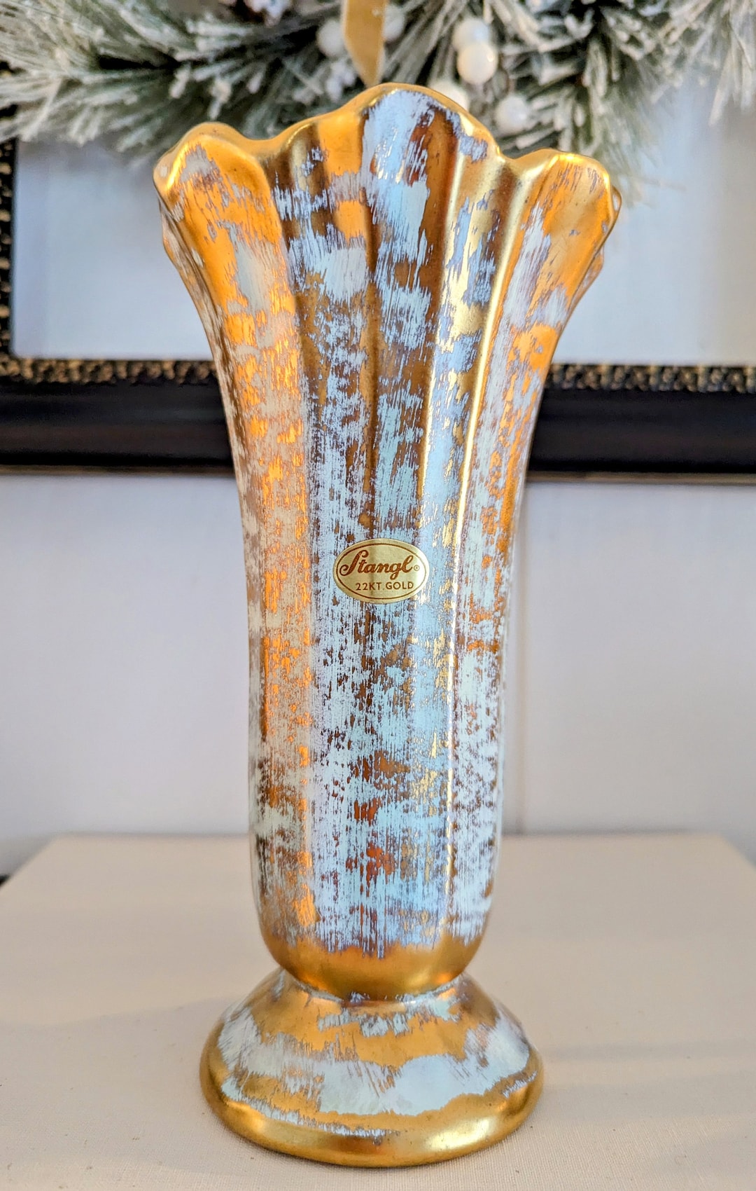 Stangl 22 KT Vintage Gold and Blue Painted Ceramic MCM Vase - Etsy